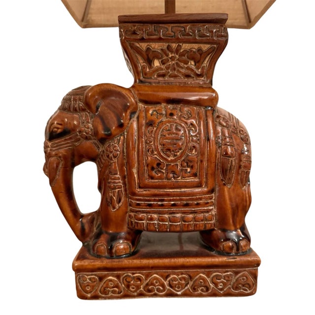 Vintage Terrracotta Glazed Elephant Table Lamps W" Silk Shades | Chairish