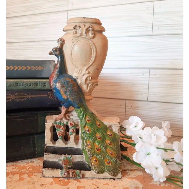 Hubley Peacock and Urn Cast Iron Doorstop Art Deco Bird | Chairish