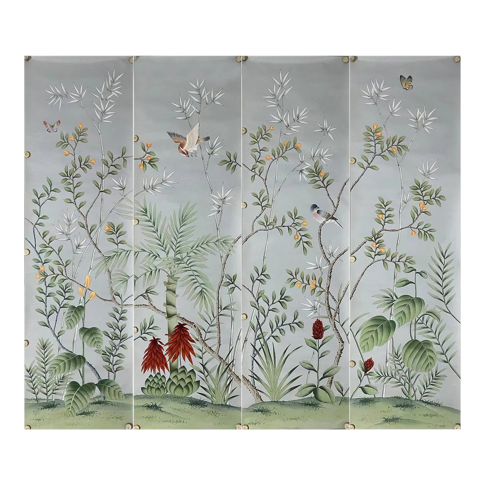 Chinoiserie Mural Hand Painted Wallpaper on Silk Panels - 4 Panels ...