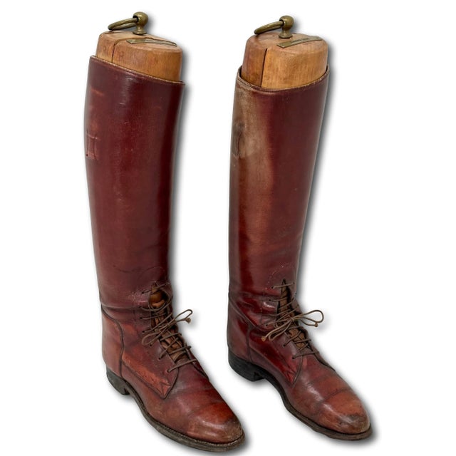 Vintage Classic Leather Equestrian Riding Boots With Wood & Brass Trees ...