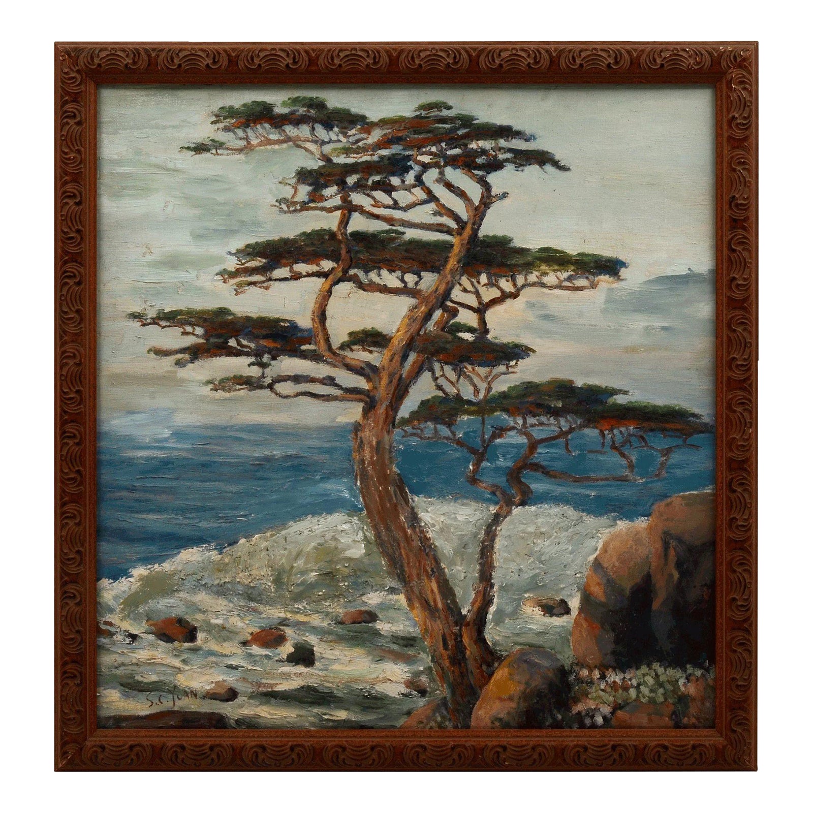 1950s S. C. Yuan Oil Painting on Board Seascape With Cypress, Framed ...
