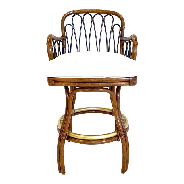Selamat-Designs Rattan & Brass Swivel Bar Stool | Chairish