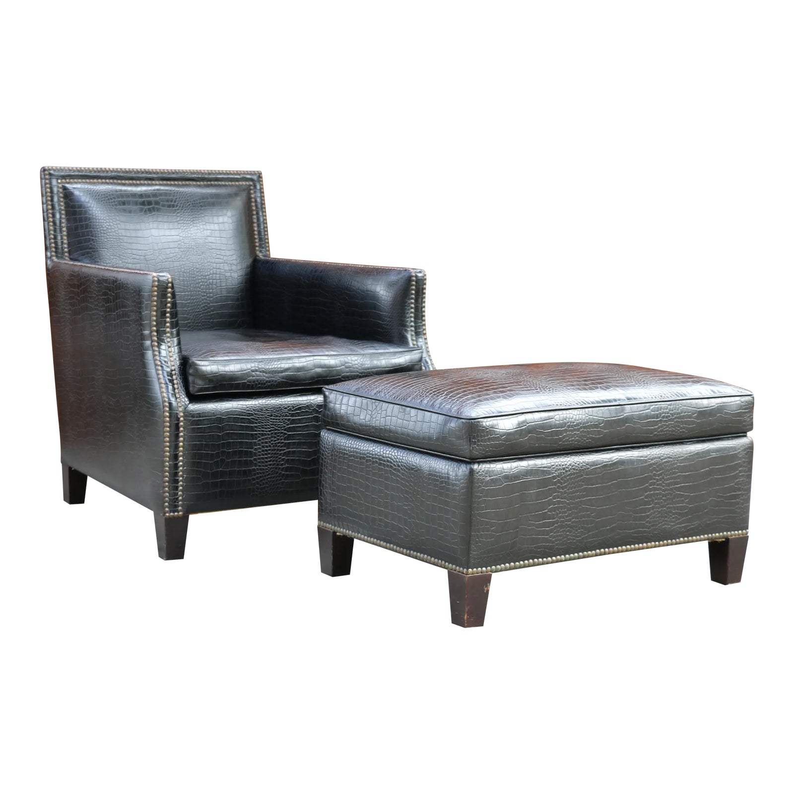Art Deco Faux Crocodile Leather Club Chair With Ottoman, 1990s | Chairish