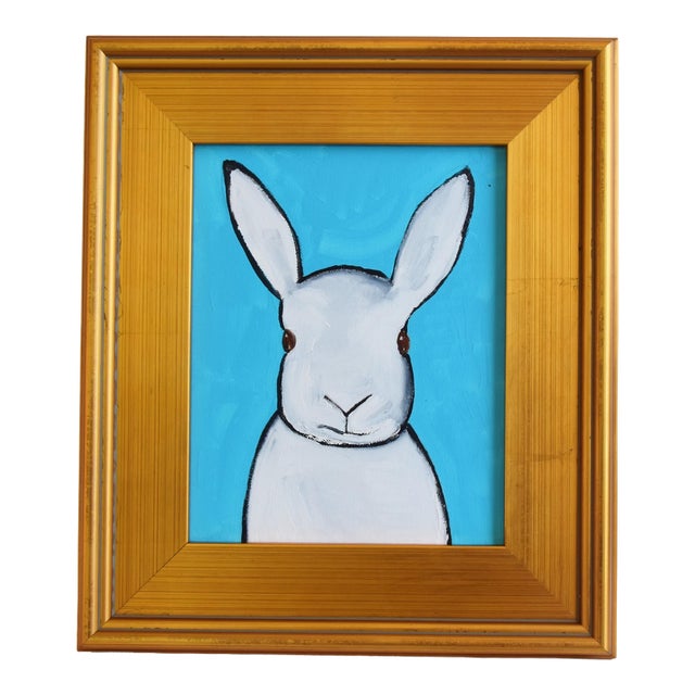 Folk Art Bunny Rabbit Hare Portrait Oil Painting Including the Antiqued ...