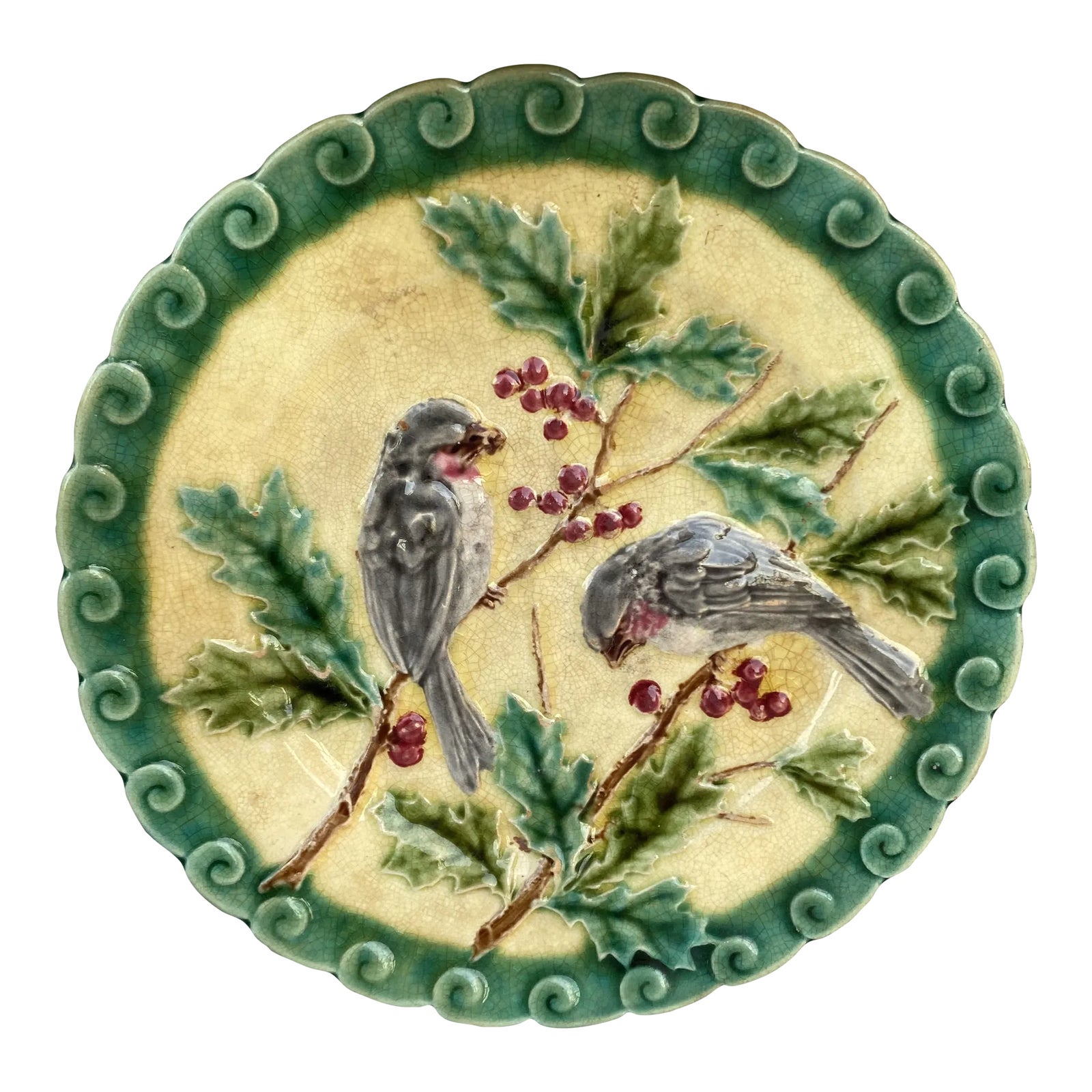 French Majolica Bird & Holly Plate Sarreguemines, Circa 1880 | Chairish