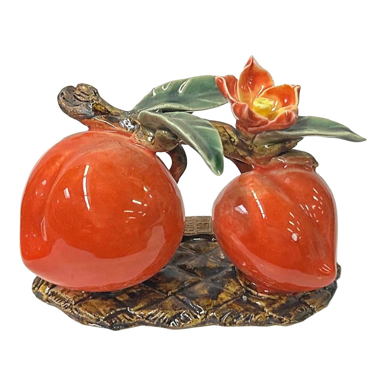 Ceramic Orange Red Double Peach W Leaf Flower Display Art Figure | Chairish
