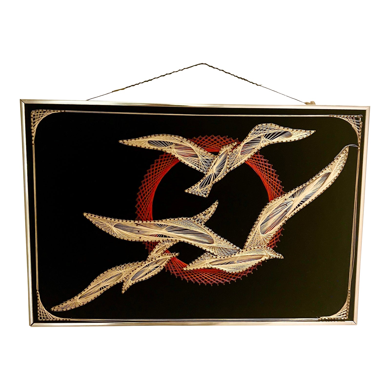 Vintage Silver and Red Metallic String Art of Seagulls in Flight | Chairish