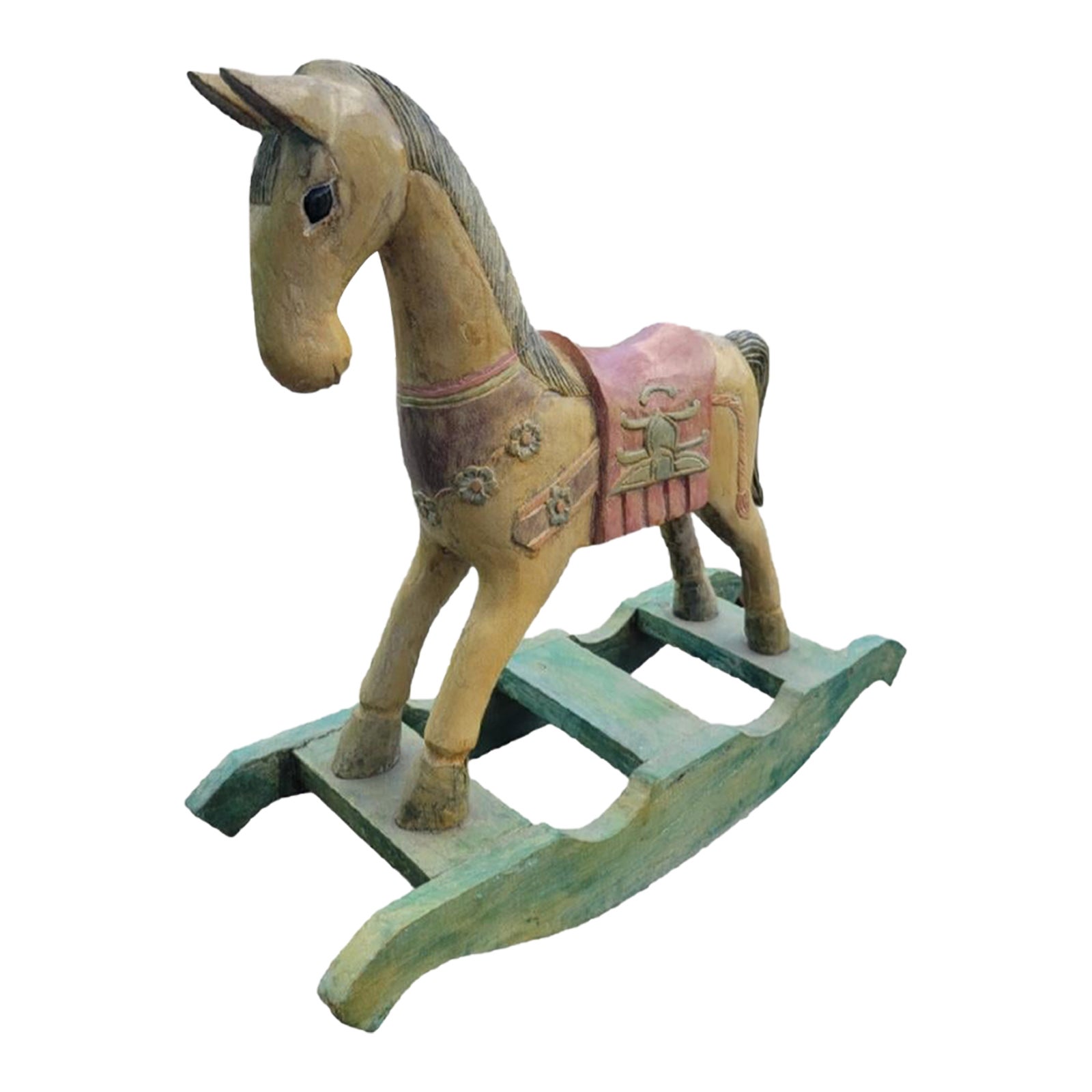 Vintage Solid Wood Carved Pastel Colored Decorative Rocking Horse Decor ...