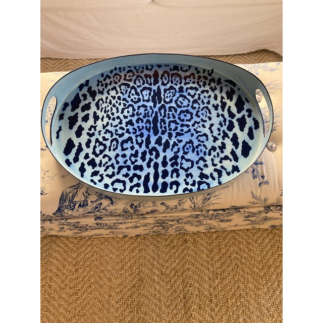 Contemporary Oval Blue Leopard Lacquer Tray | Chairish