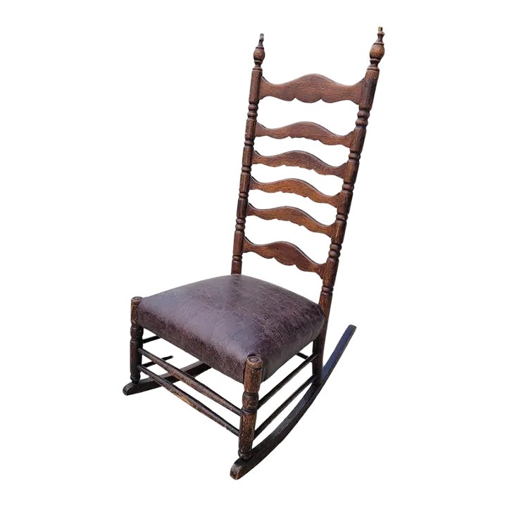 19Thc Ladder Back Rocking Chair W/ Leather Seat | Chairish
