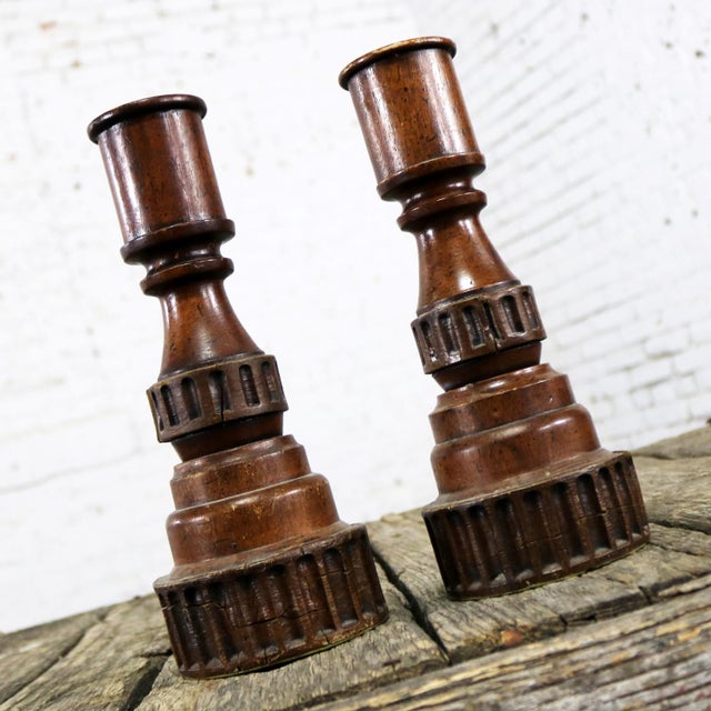 Pair Vintage Turned Wood and Composite Candle Holders | Chairish