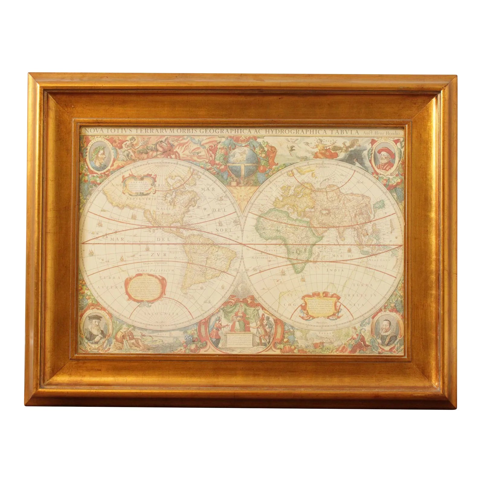 Henricus Hondius Reproduction World Map, 1630 in Giltwood Frame | Chairish