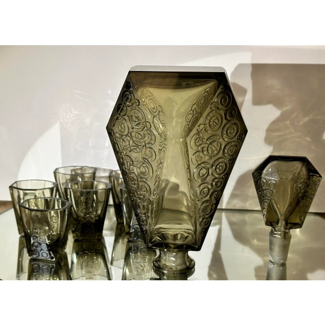 Art Deco Period Moiser Black Crystal Decanter & Cordial Set | Chairish