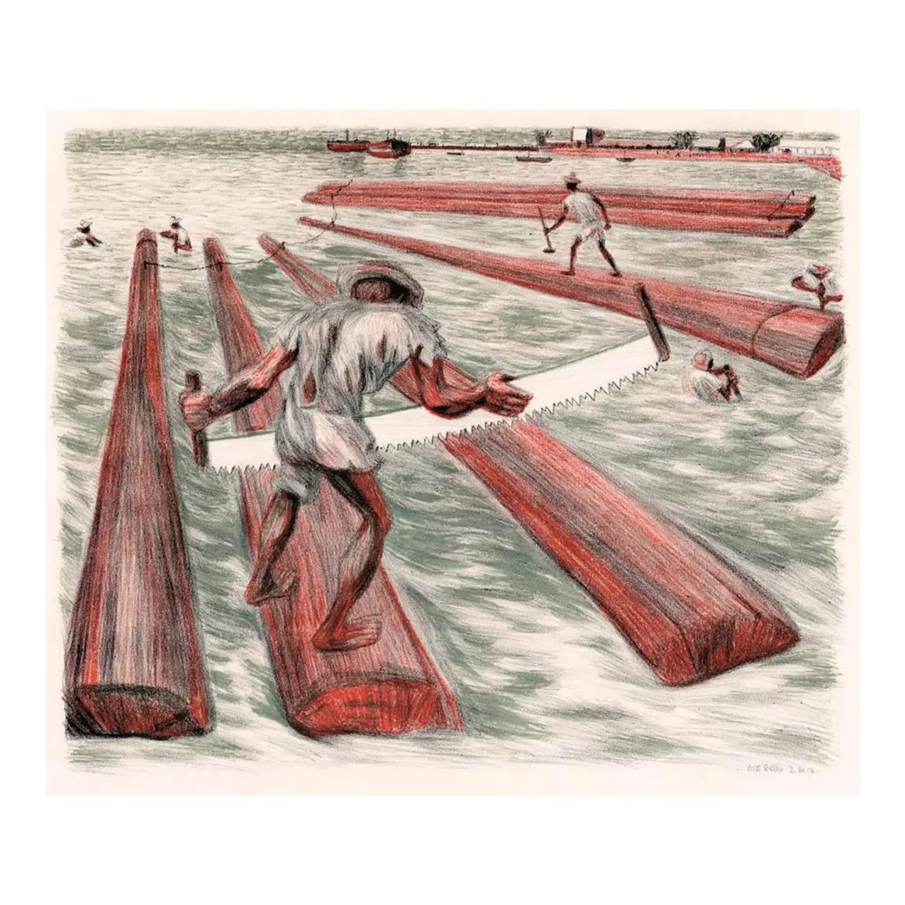 1946 Alfredo Zalce Lumber Workers Bay of Campeche Lithograph | Chairish