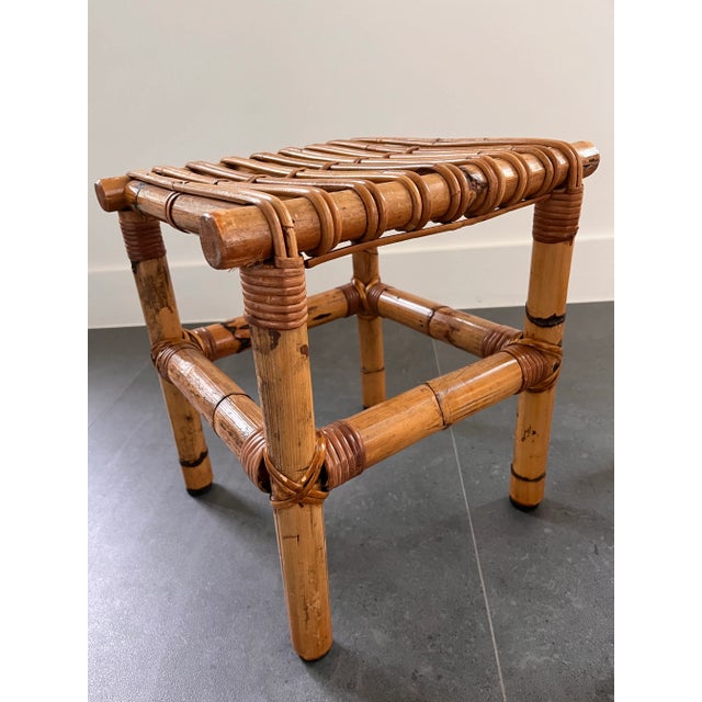 Vintage Rattan Wrapped Bamboo Square Stool | Chairish
