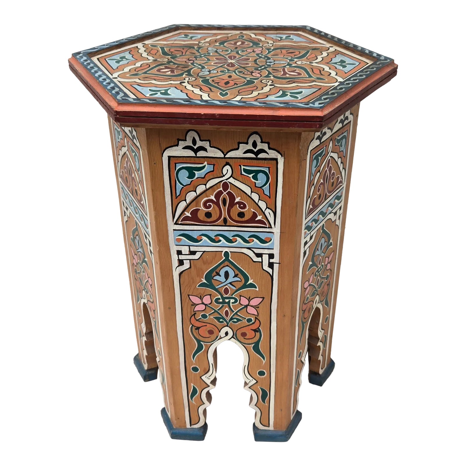 Moroccan Hexagonal Hand Painted Wooden Side / Orange Zouak | Chairish