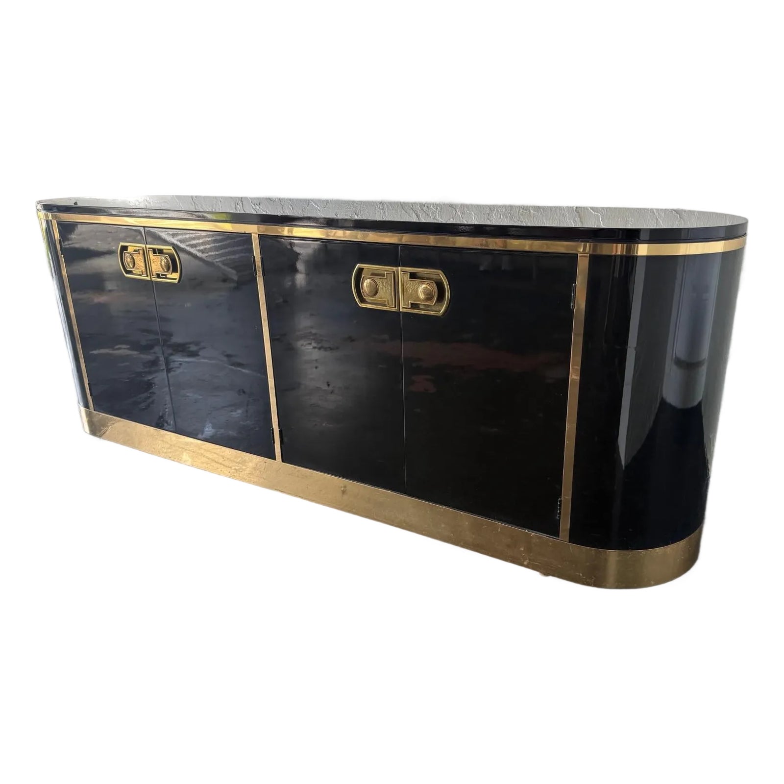 1970s Rare Mastercraft Brass Shield Pull Credenza — Racetrack Form ...
