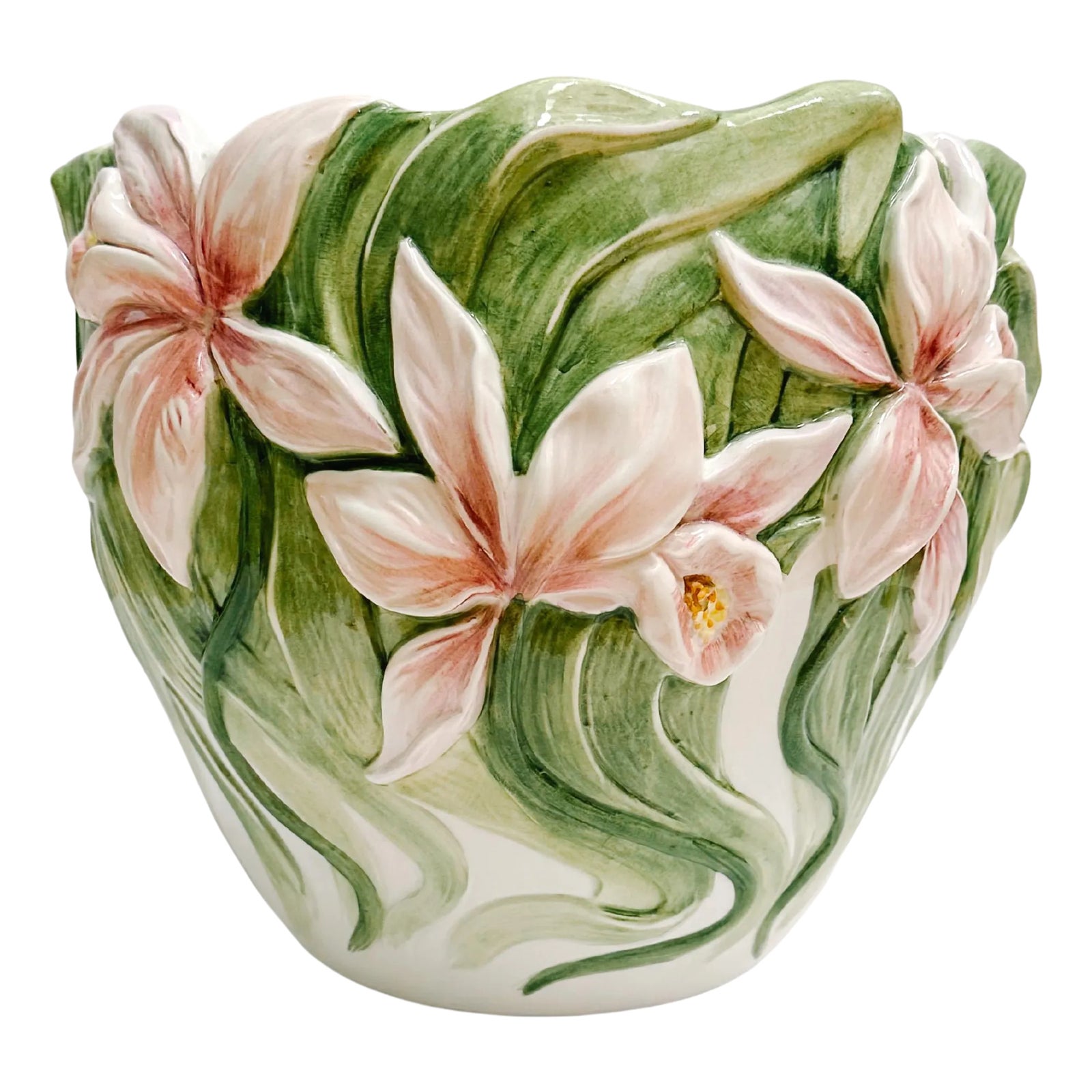 Vintage Italian Pink Iris Planter Cachepot | Chairish