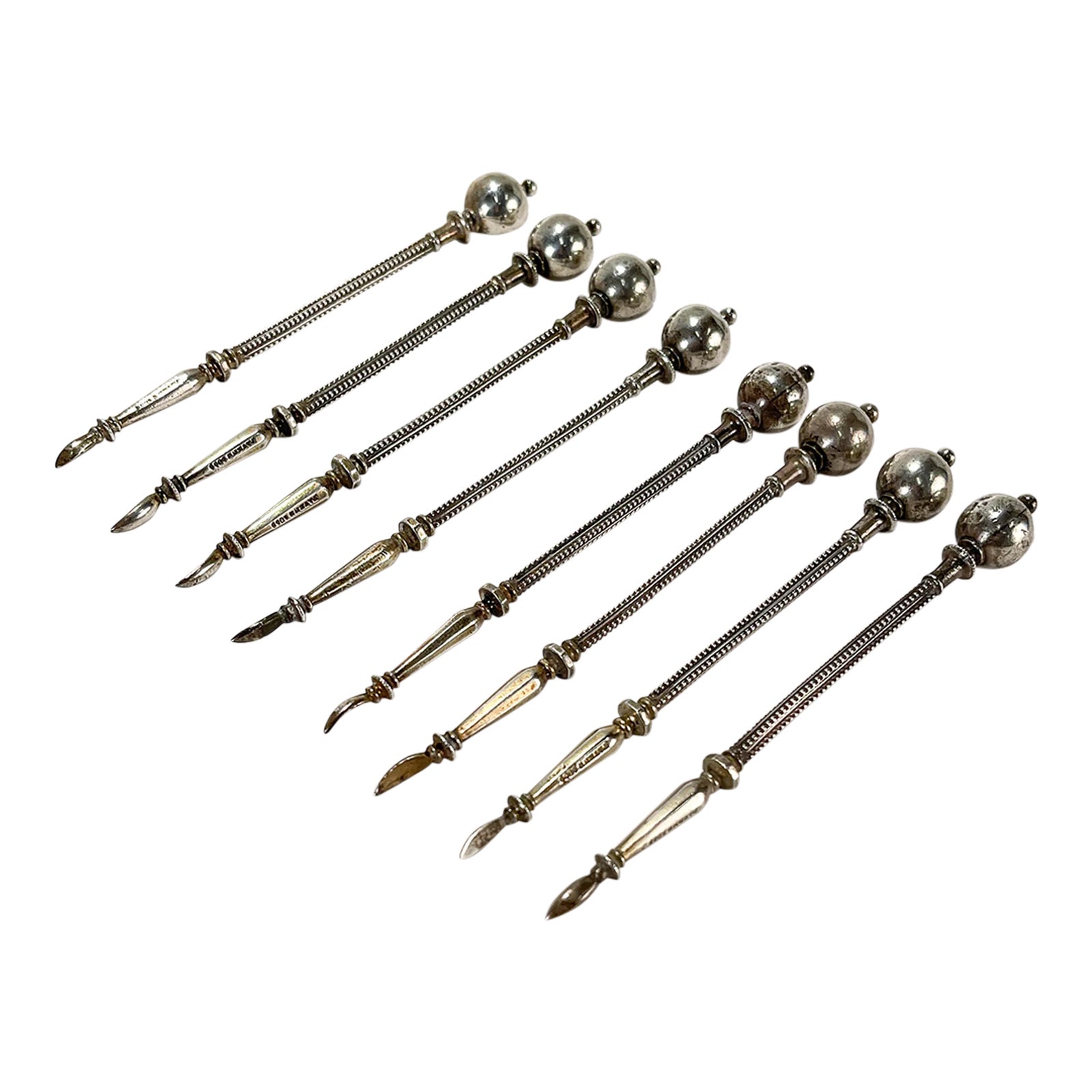 Set of 8 Antique George Sharp Coin Silver Ball End Nut Picks | Chairish