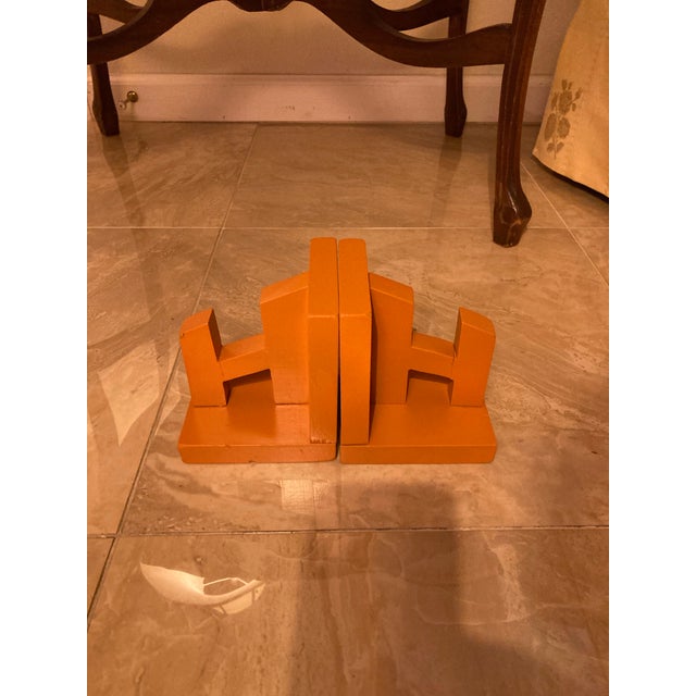1960s Vintage H Wooden Bookends in Orange - a Pair | Chairish