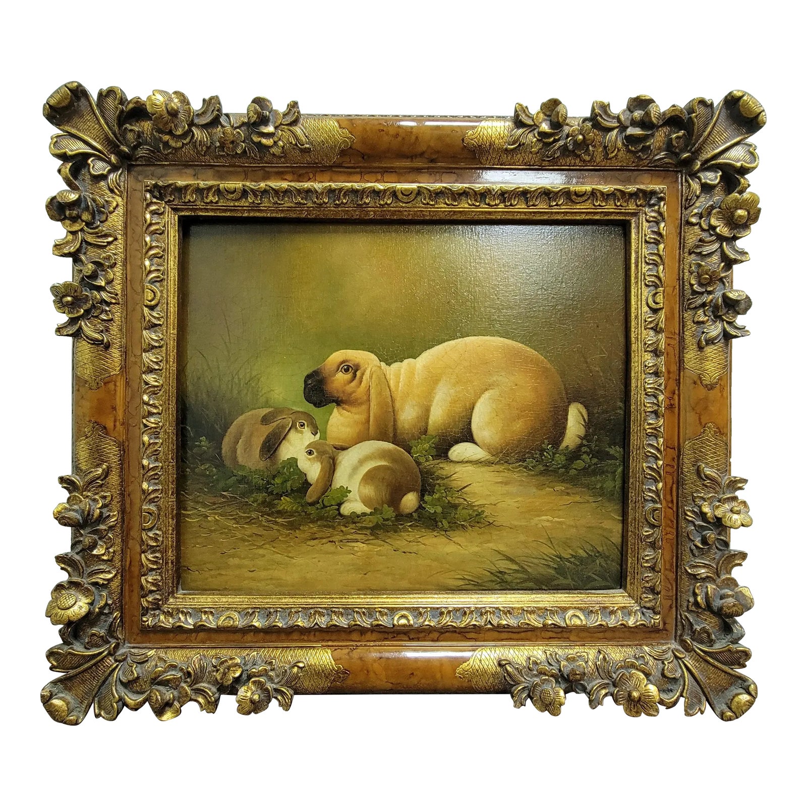 Original 20th C Framed Oil Painting of Rabbits, Hare With Young | Chairish