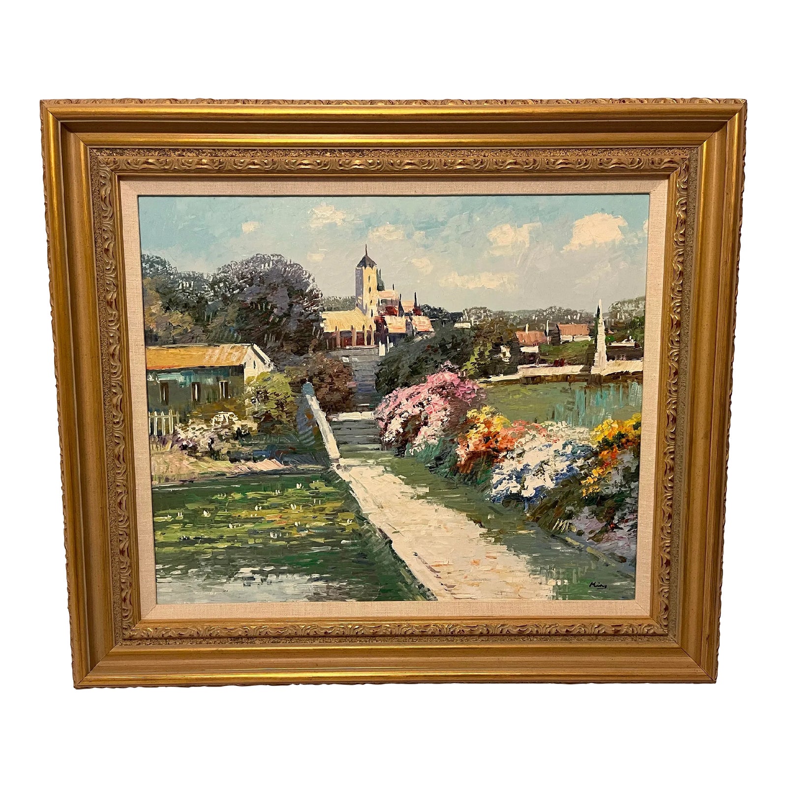 Quaint Village Landscape Original Oil Painting on Canvas Signed by Ming Feng, Framed | Chairish