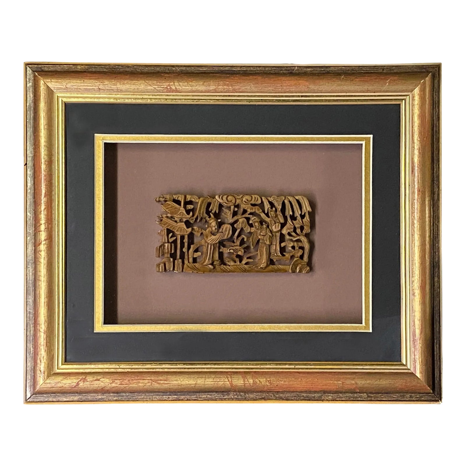 Oriental Chinese Vintage Boxwood Carving Framed Wall Decor | Chairish