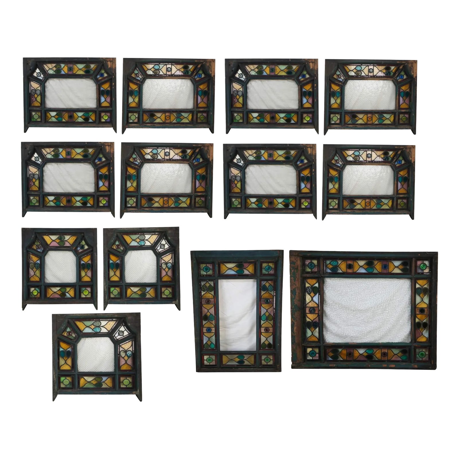 Set 14 Antique English Victorian Arched Geometric Leaded Stained Glass ...