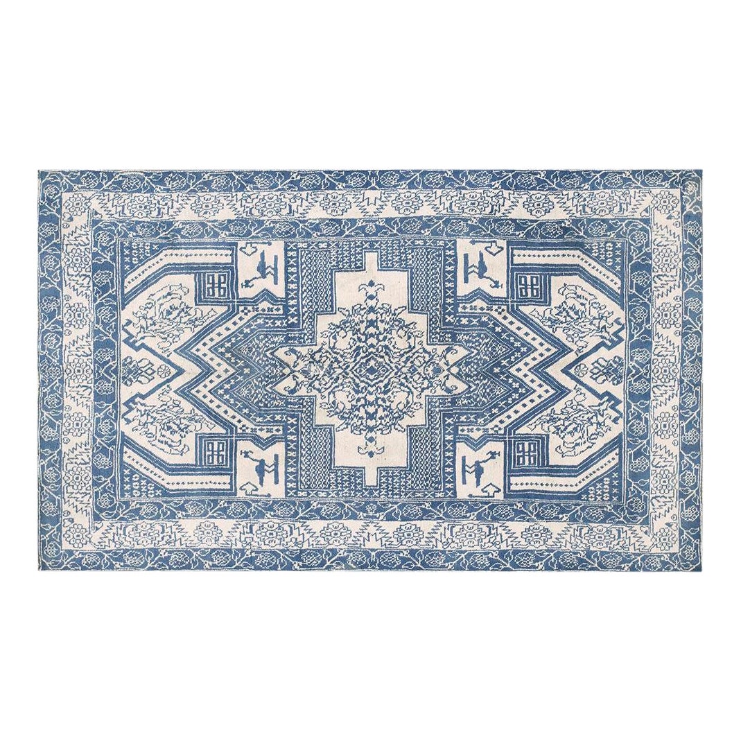 1920s Traditional Blue and White Wool Rug 4'x6'6" | Chairish