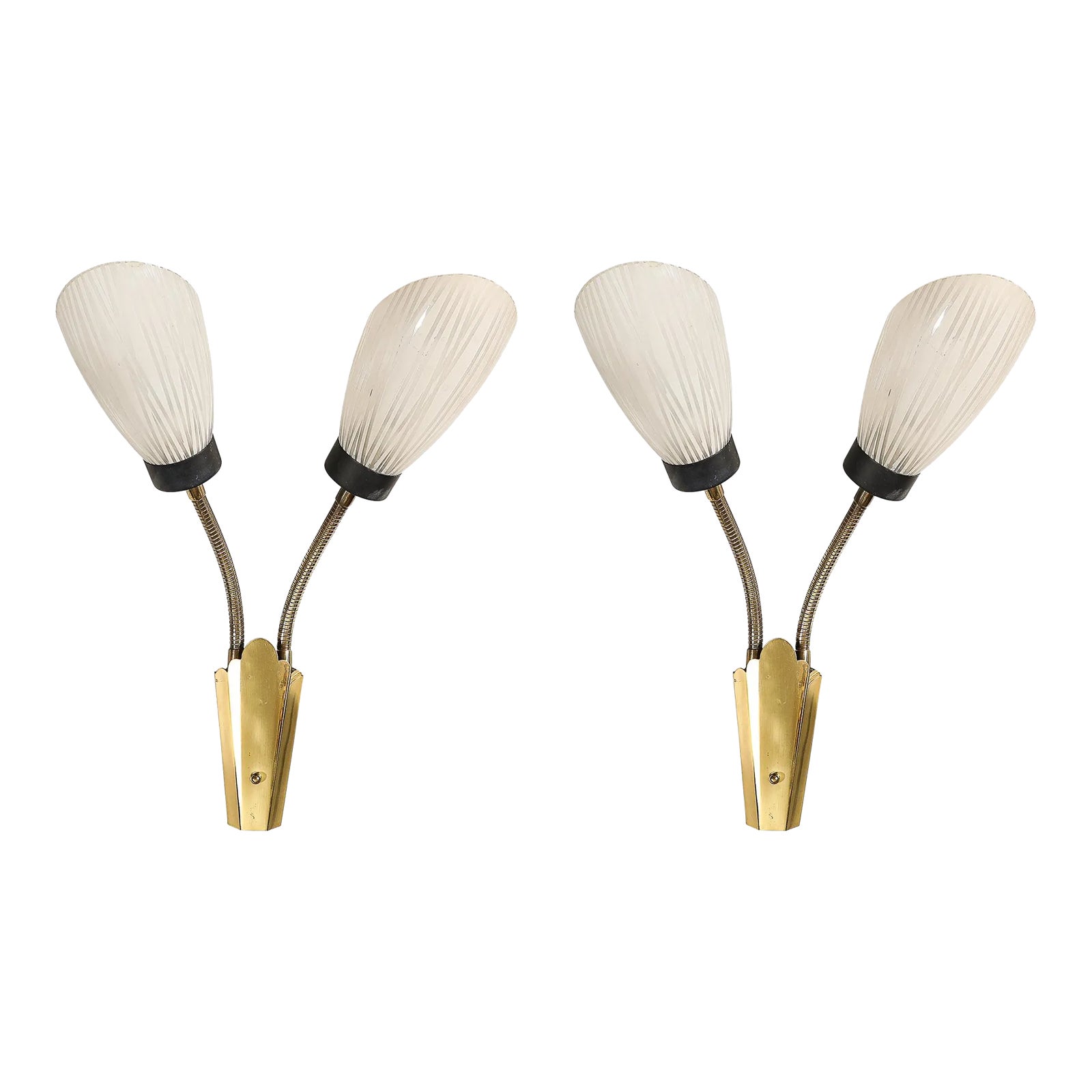 Pair of Mid-Century Tulip Form Articulating Frosted Glass & Brass ...