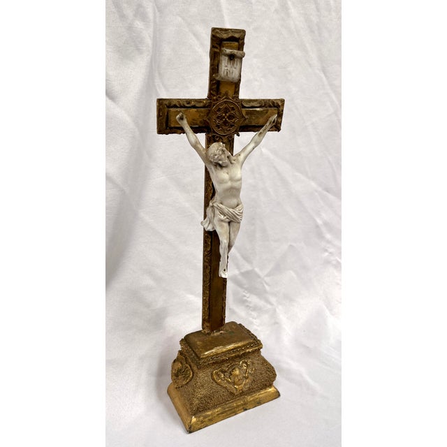 Early 20th Century Antique German Folk Art Carved Cross With Porcelain ...