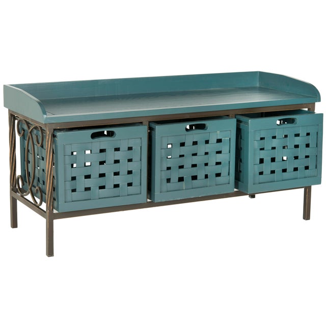 3 Drawer Wooden Storage Bench in Slate Teal | Chairish