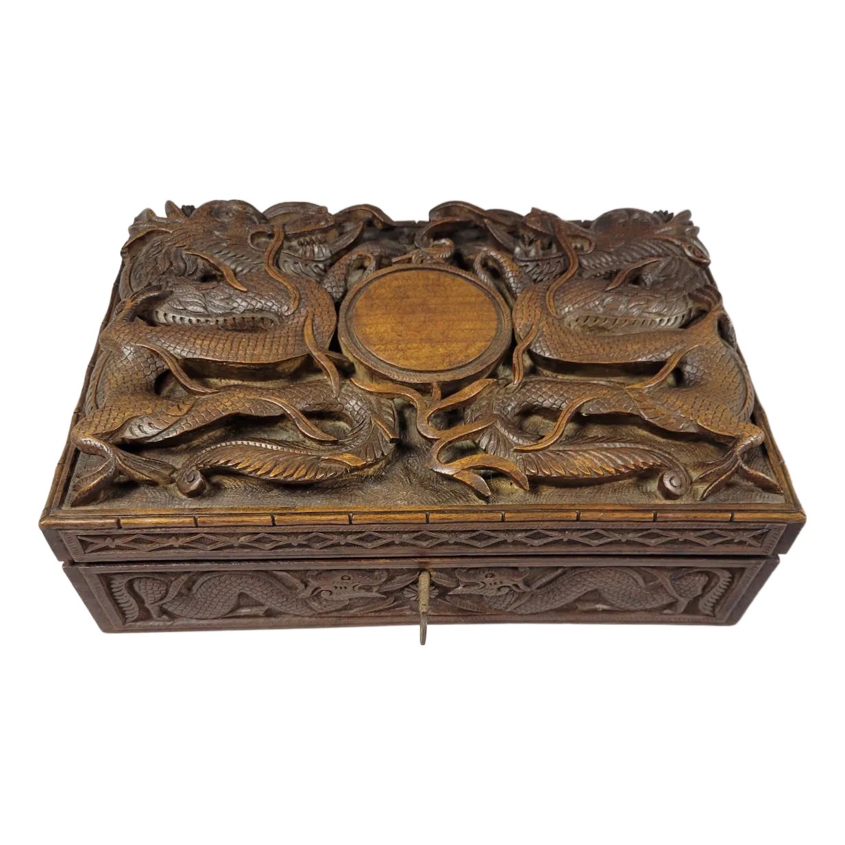 Antique Chinese Carved Wood Box With Dragons | Chairish