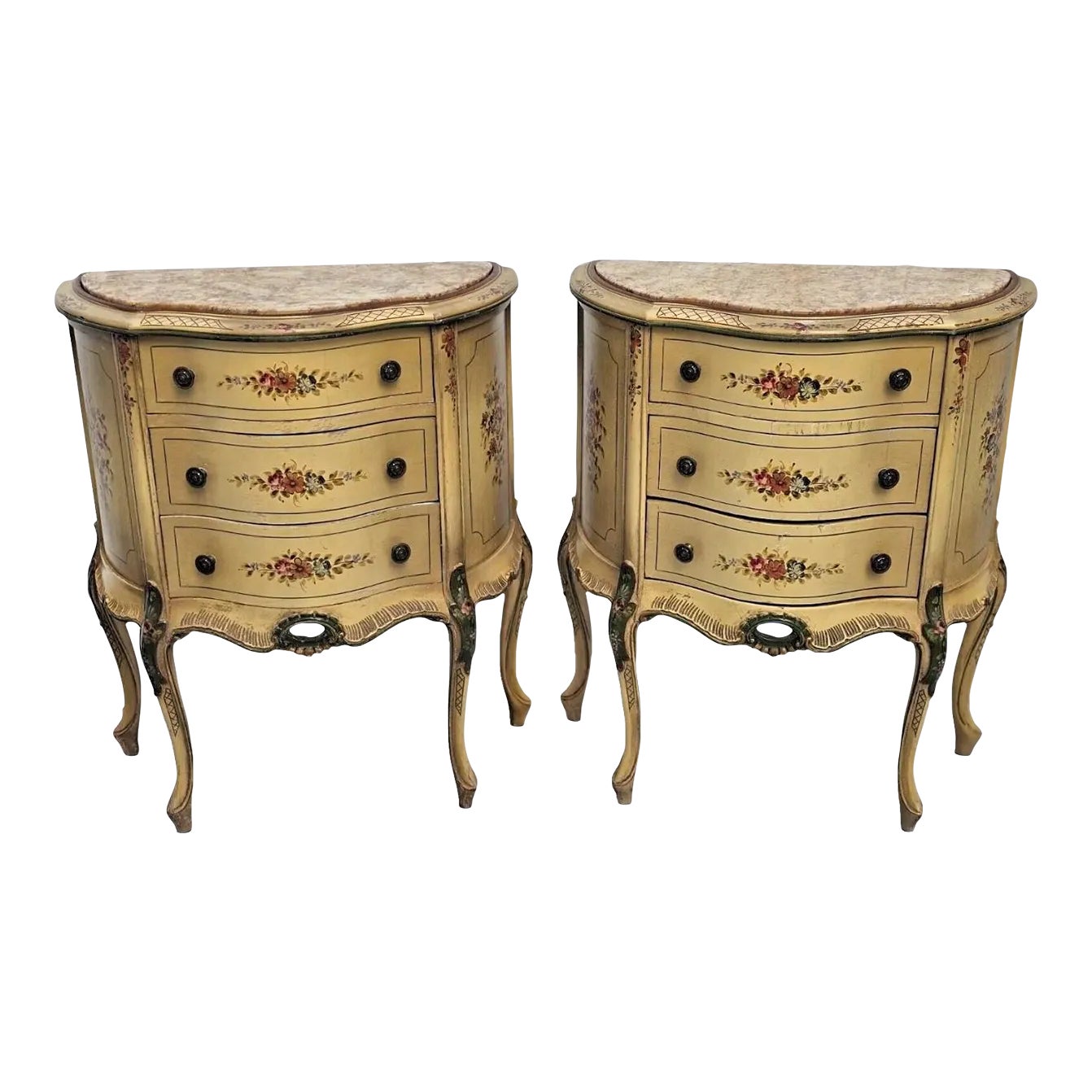Pair 1940s Vintage Marble Top Hand Painted Nightstands / End Tables ...