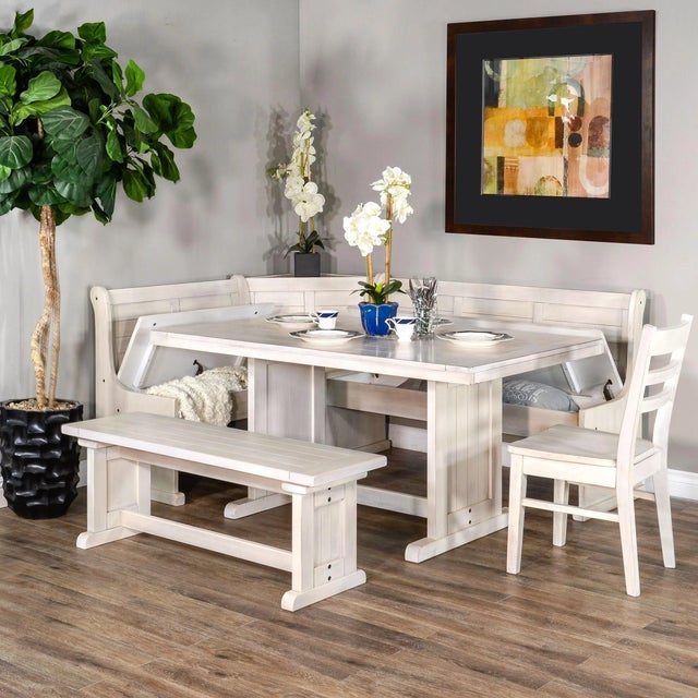 White Breakfast Nook Dining Set With Reversible Bench Storage - Set of ...