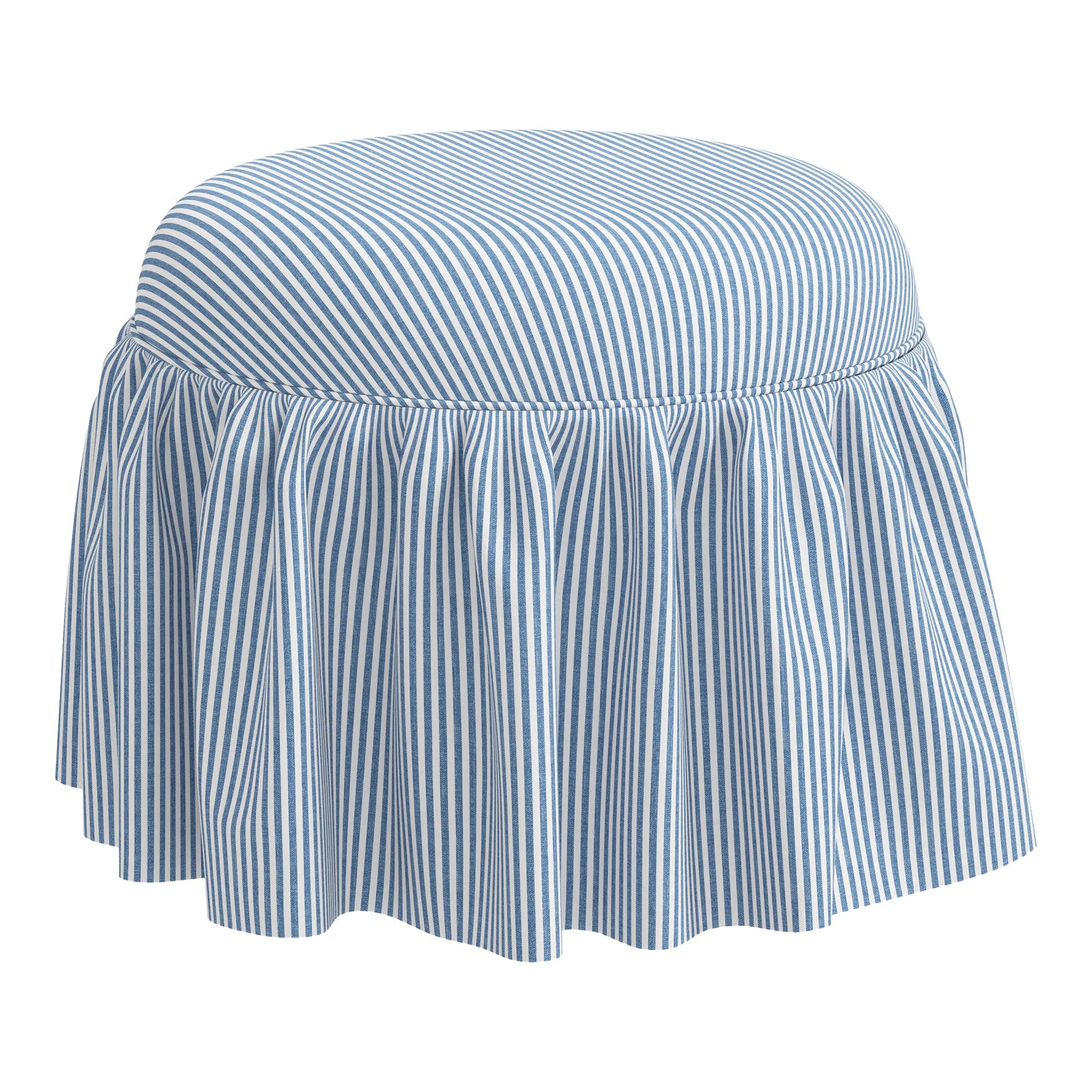 Skirted Round Ottoman in Prep Stripe Blue | Chairish