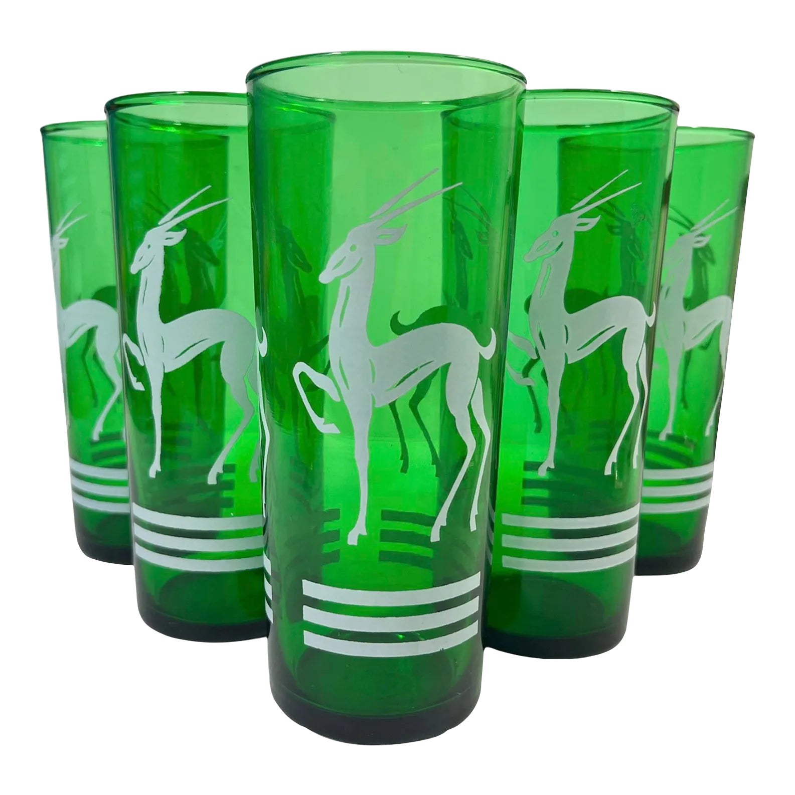 1940s Hazel-Atlas Art Deco Green Collin Glasses- Set of 5 | Chairish