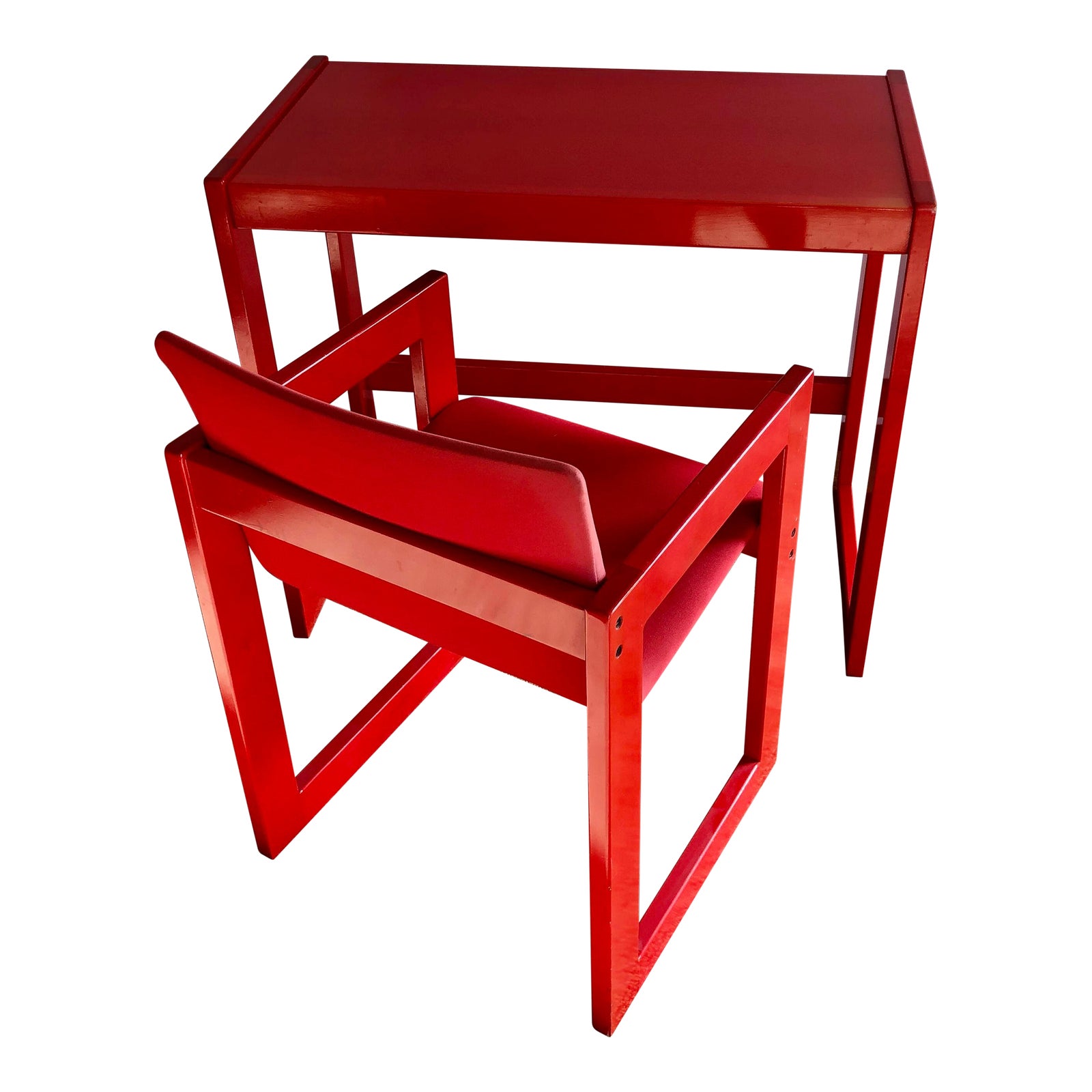 1970s Red Modern Vanity Table and Chair - Set of 2 | Chairish