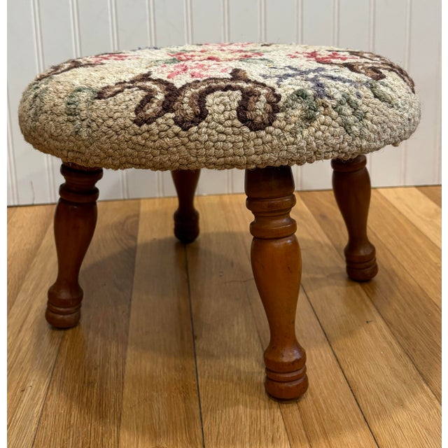 Late 20th Century Vintage Needlepoint Hand-Hooked 4-Legged Foot Stool ...