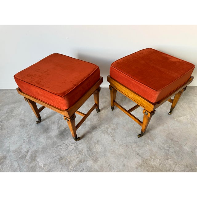 70's Hollywood Regency Walnut Ottomans on Brass Casters - a Pair | Chairish
