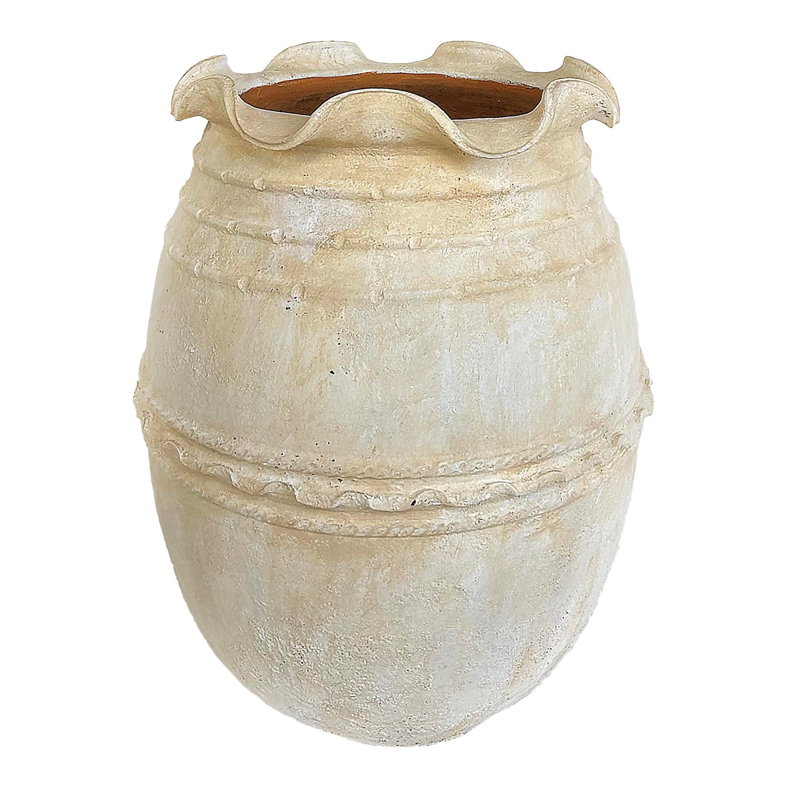 Large Balinese Scalloped Lip Unglazed Terracotta Planter, White-Washed ...