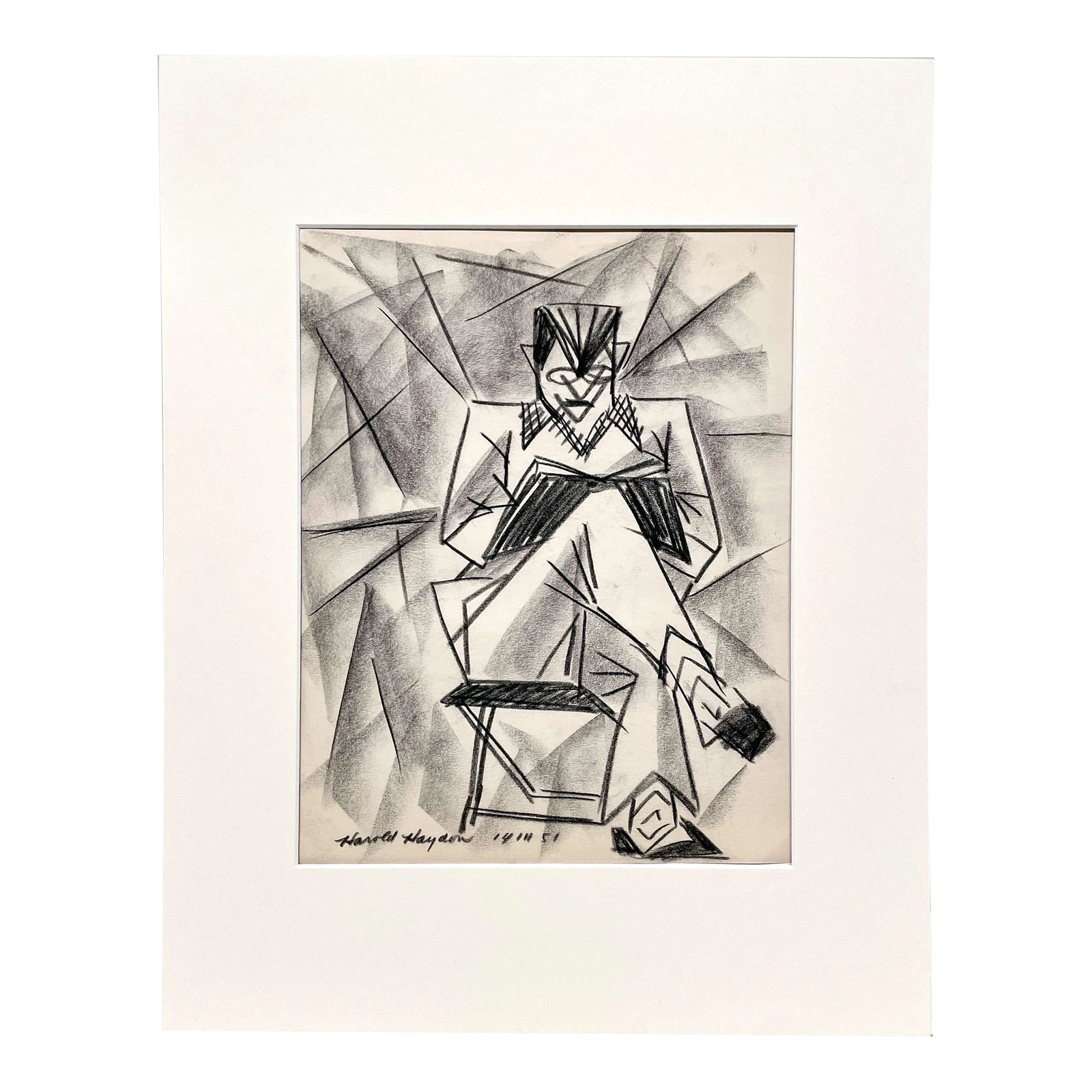 1951 Charcoal on Paper, Cubist Drawing of a Man Reading by Artist ...
