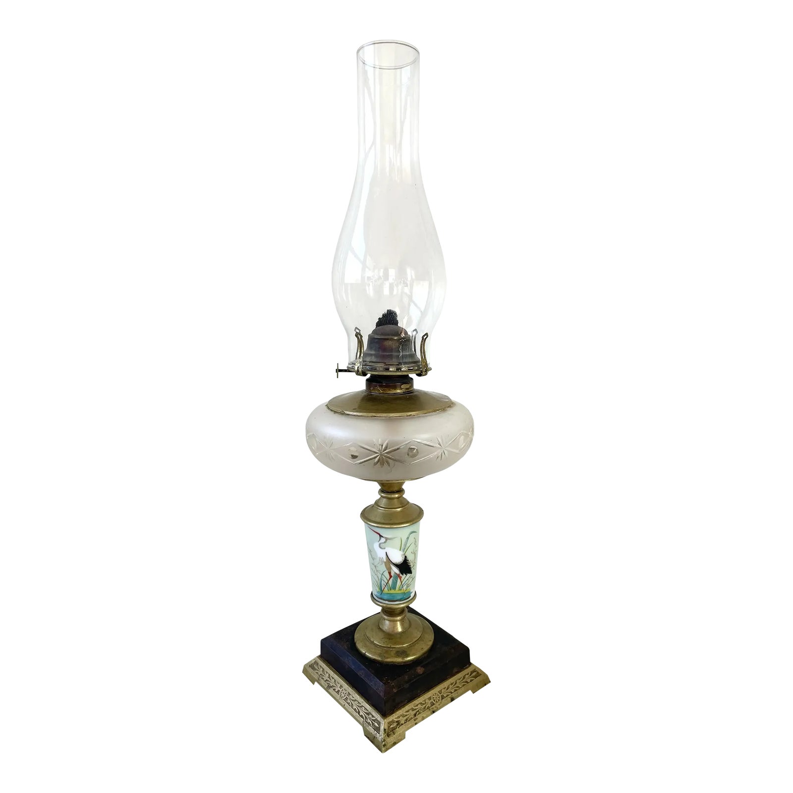1890s Hand Painting Glass Oil Lamp | Chairish