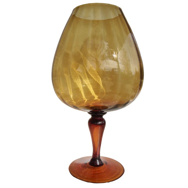 1970s Empoli Amber Glass Optic Ribbed Pedestal Snifter Vase Chairish