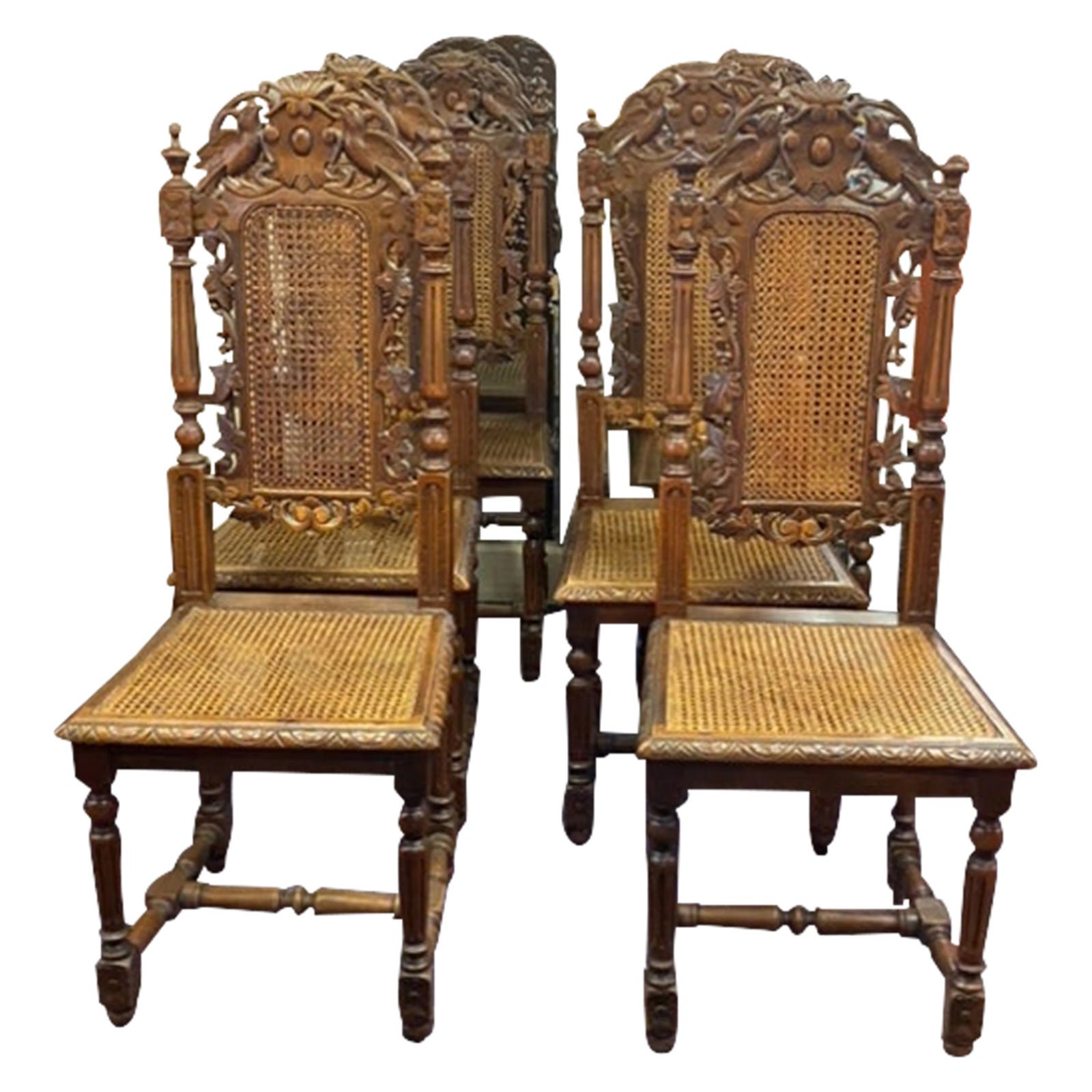 French Antique Carved Walnut Hunt Style Renaissance Cane Side Chairs ...