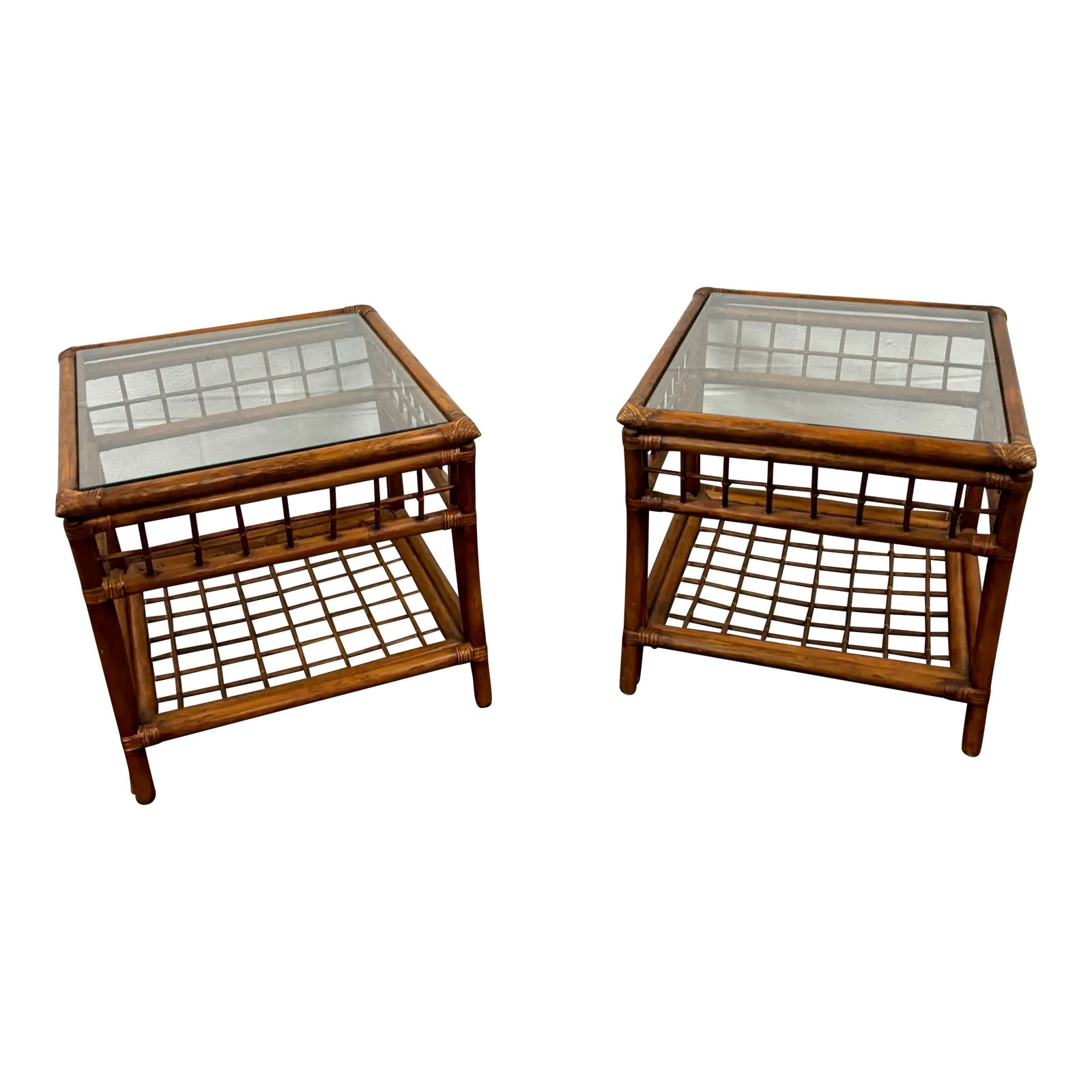 Vintage MCM Style Organic Rattan and Glass Lattice Side Tables End ...