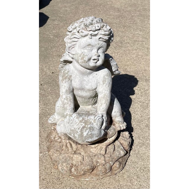 Vintage Concrete Cherub Riding on a Frog Garden Ornament | Chairish