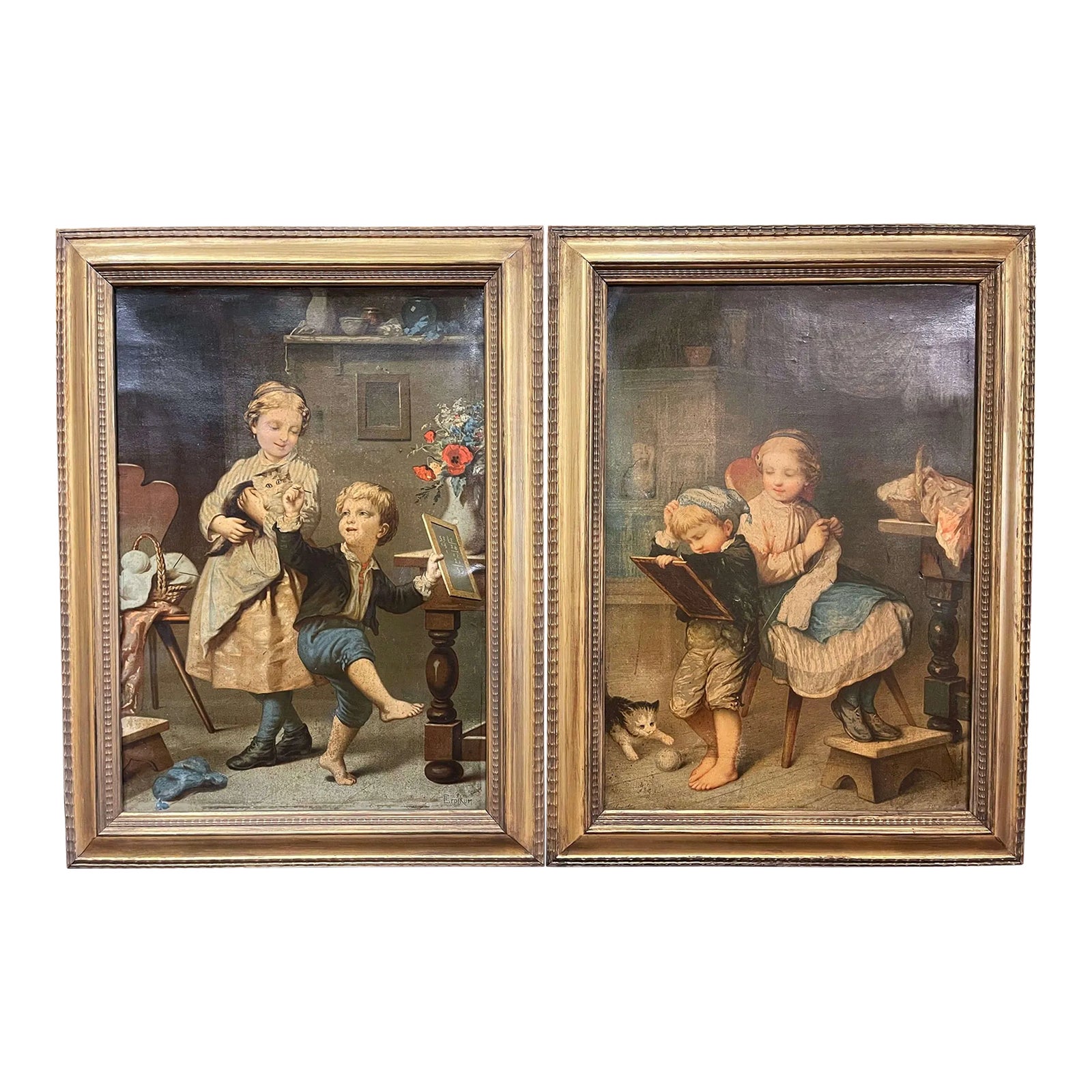 Pair of 19th Century French Signed Chromo Lithographs in Gilt Frames ...