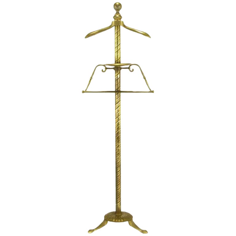 Spiral Brass Valet With Brass Ball Finial & Tray on Tripod Base | Chairish