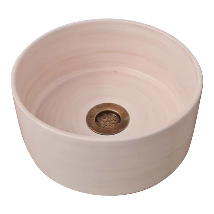Contemporary Pink Bathroom Wash Basin with Brass Drain | Chairish